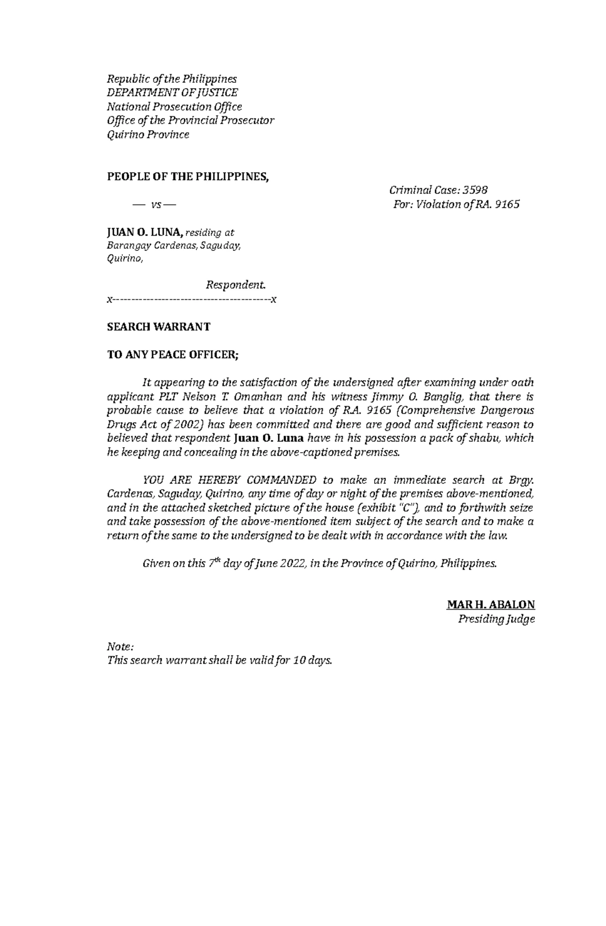 Criminal Complaint - sample - Republic of the Philippines DEPARTMENT OF ...