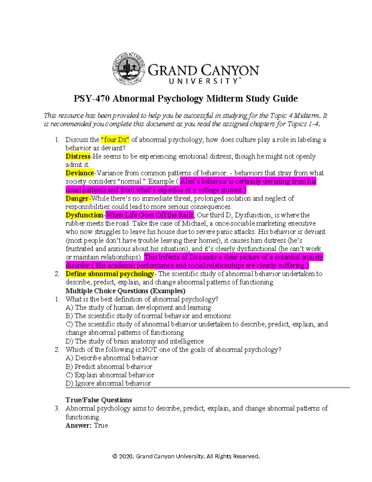 PSY 470 RS T4 Midterm Study Guide: Abnormal Psychology Insights - Studocu