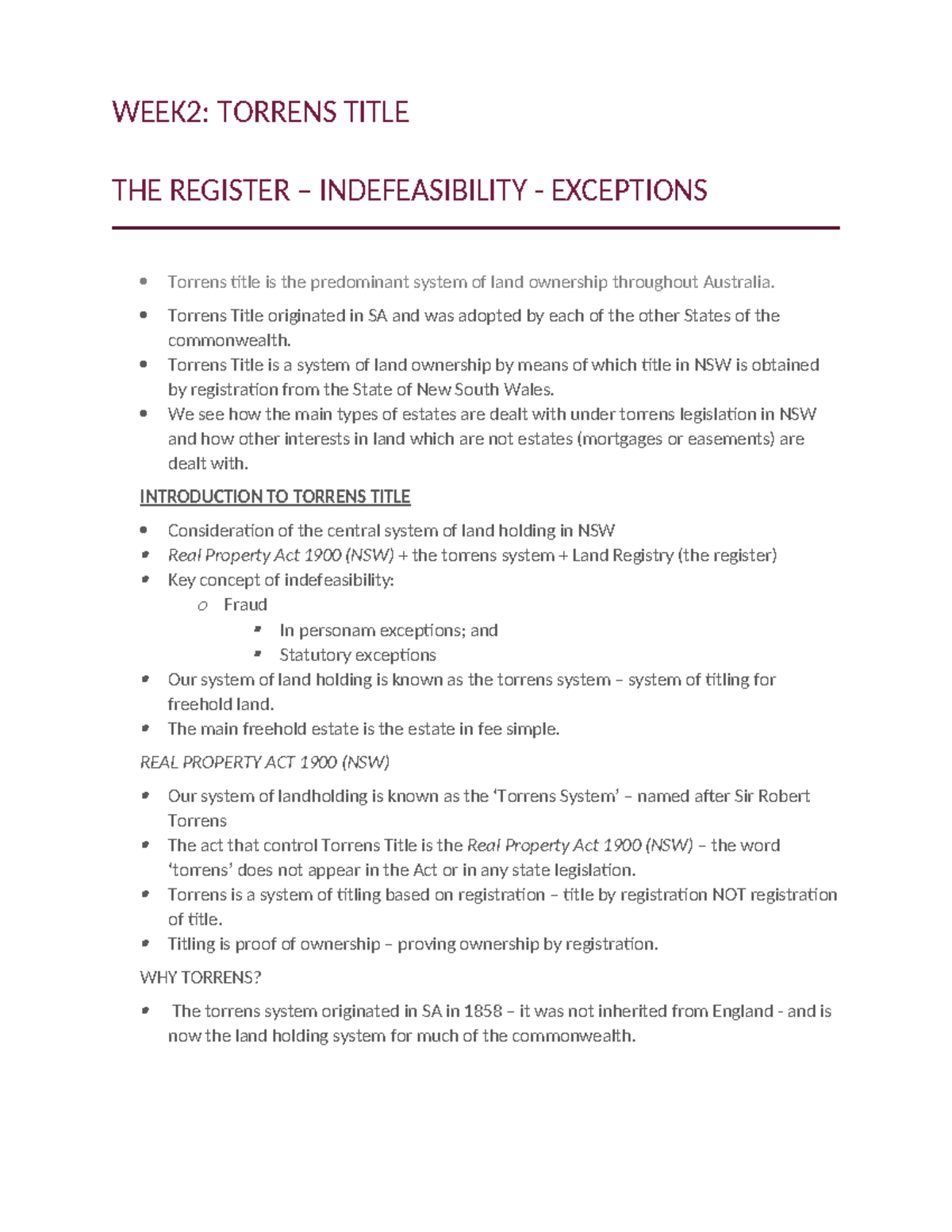 WEEK 2: Torrens Title, Indefeasibility & Exceptions in NSW Law - Studocu