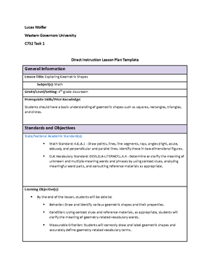 Math lesson plan with vocabulary task 1 - Direct Instruction Lesson Plan Template General - Studocu