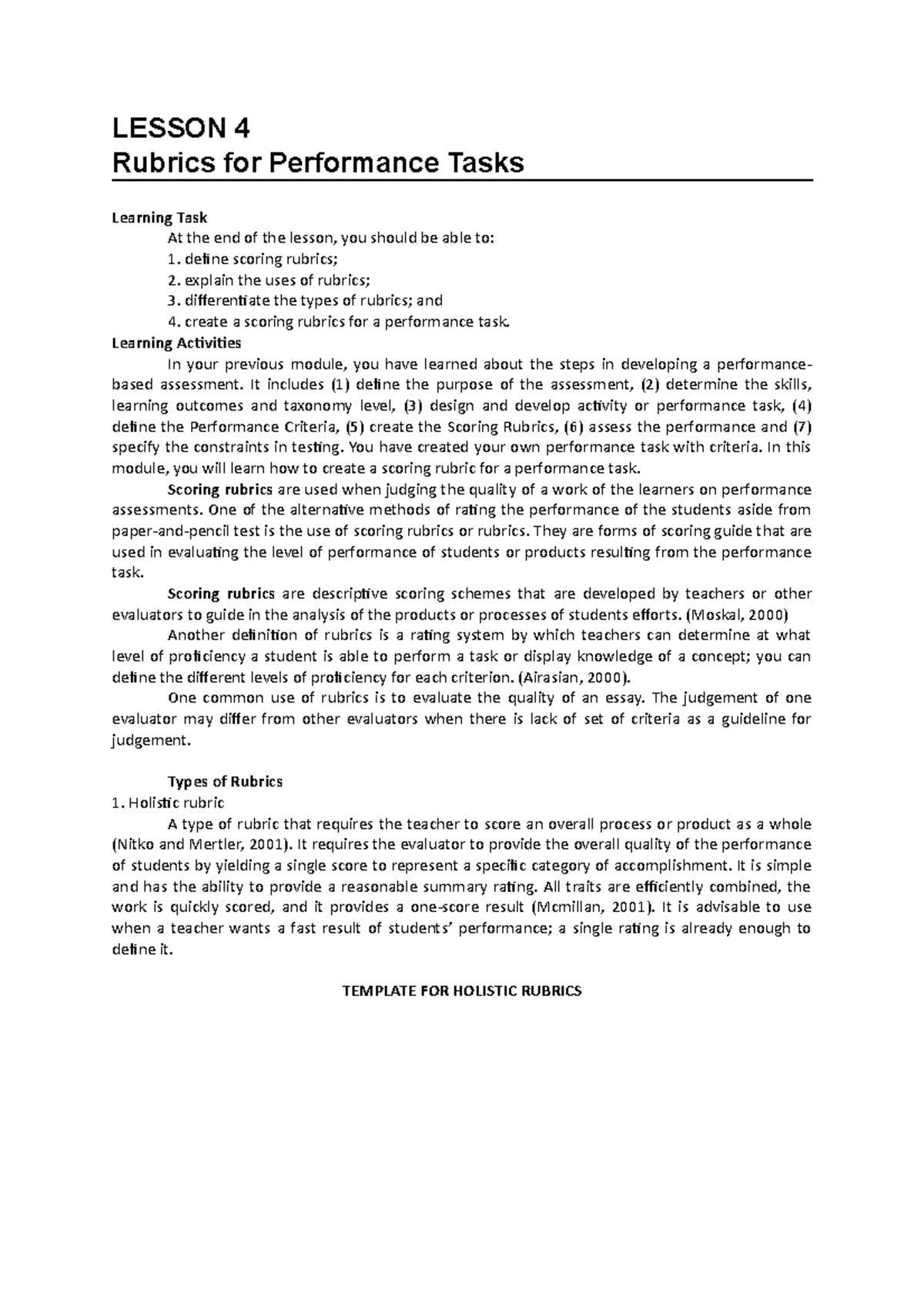 Module 4 Lesson 4: Creating Scoring Rubrics for Performance Tasks - Studocu