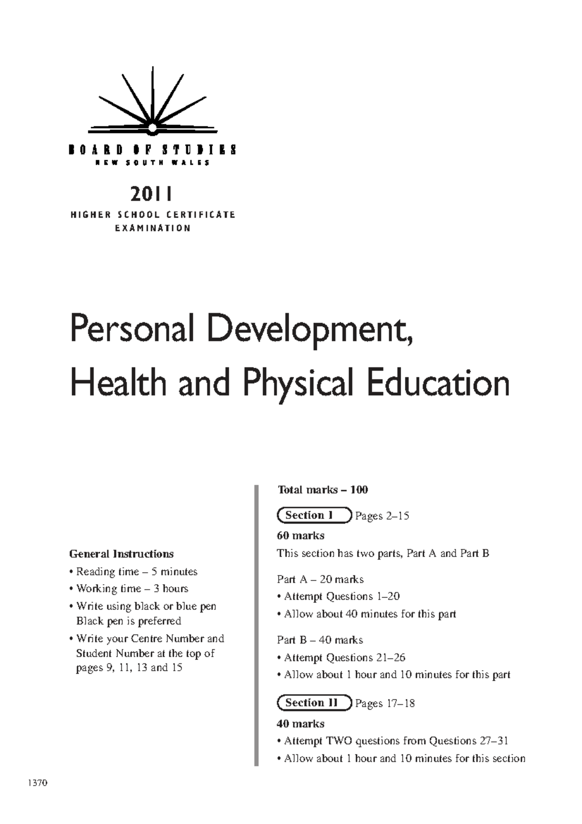 2011 HSC PDHPE Past Exam Paper - Personal Development & Health - Studocu