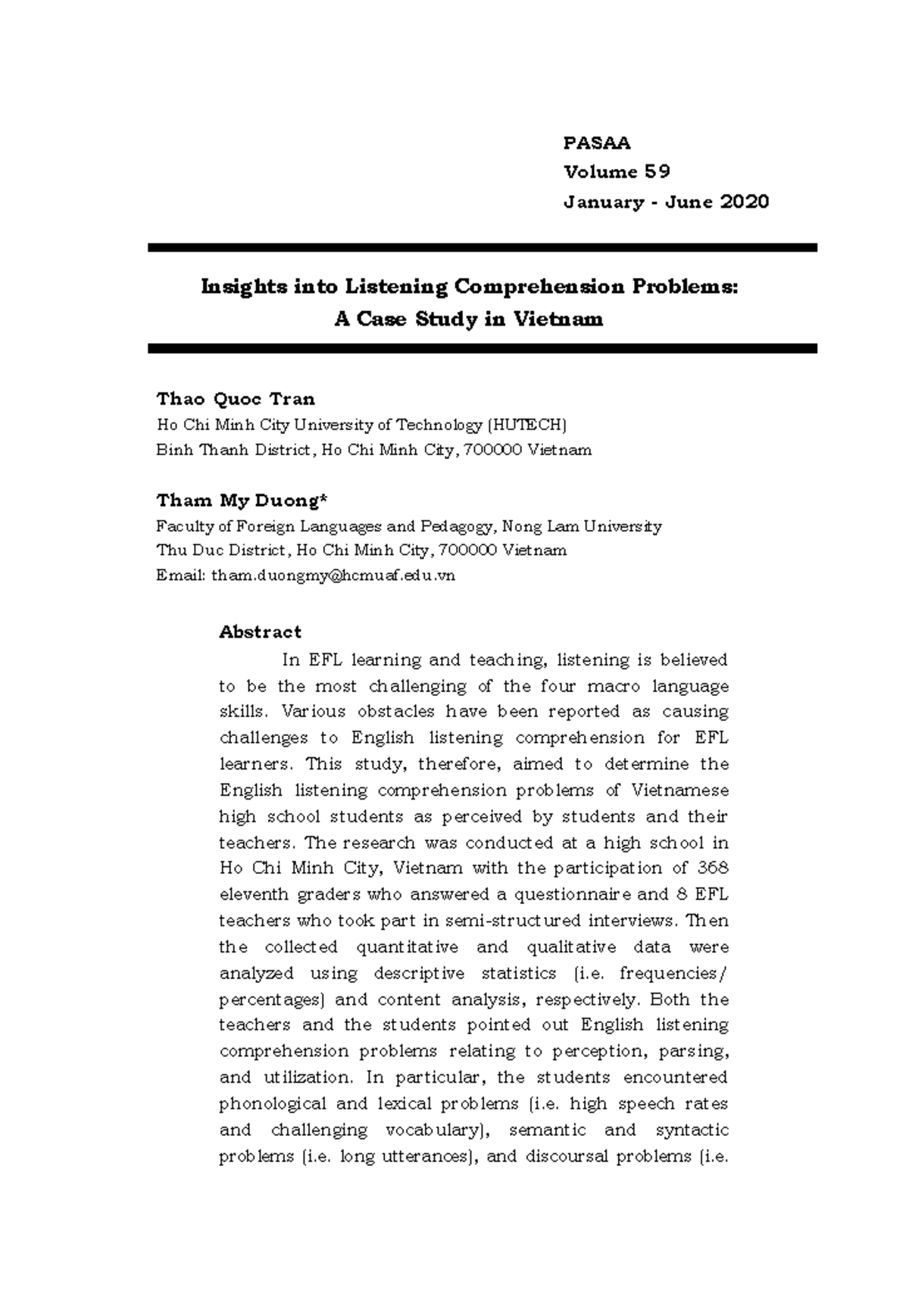 PASAA Vol. 59: Listening Comprehension Challenges in Vietnamese EFL ...
