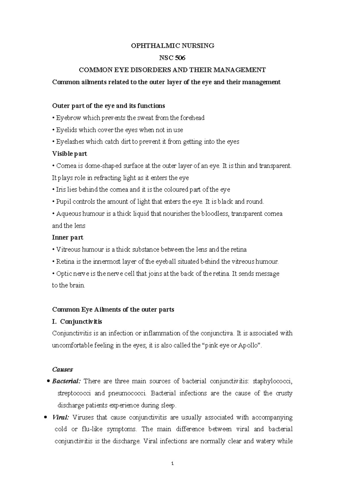 NSC 506 Lecture Notes: Ophthalmic Nursing & Common Eye Disorders - Studocu