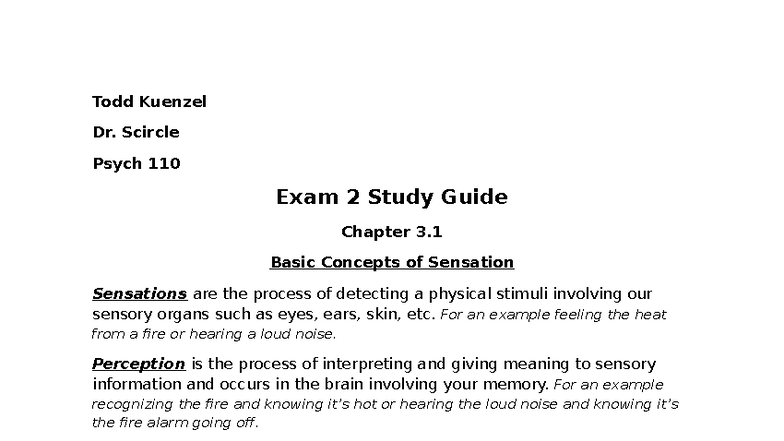 Psych 110 Exam 2 Study Guide: Sensation & Perception Concepts - Studocu