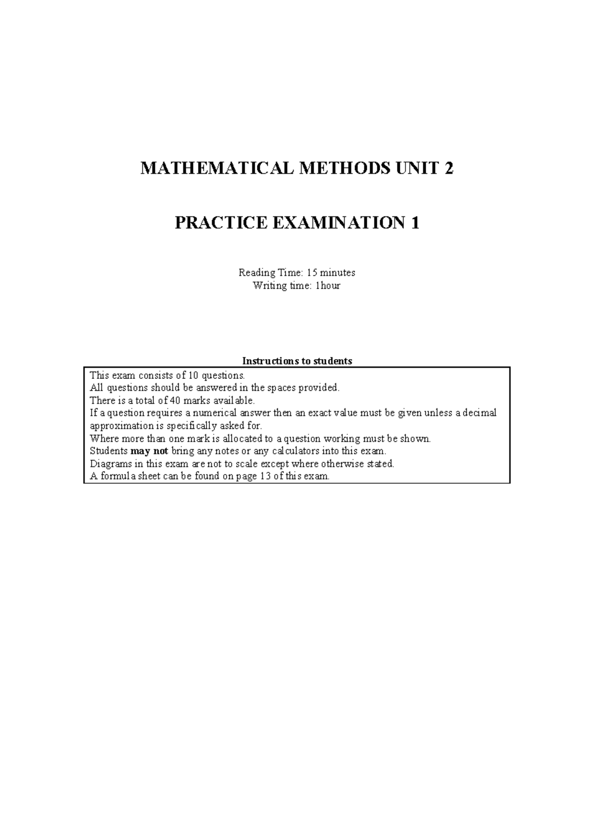 Mathematical Methods Unit 2 Practice Exam 1 Review Guide - Studocu