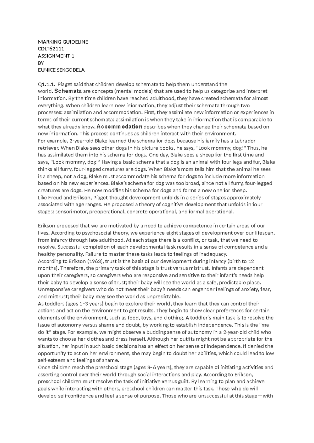 Marking Guideline for Assignment 1: Child Development Theories - Studocu