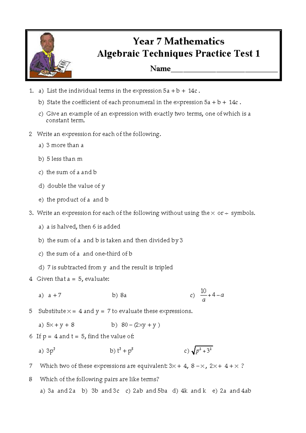 Year 7 Mathematics Algebraic Techniques Practice Test 1 - Studocu