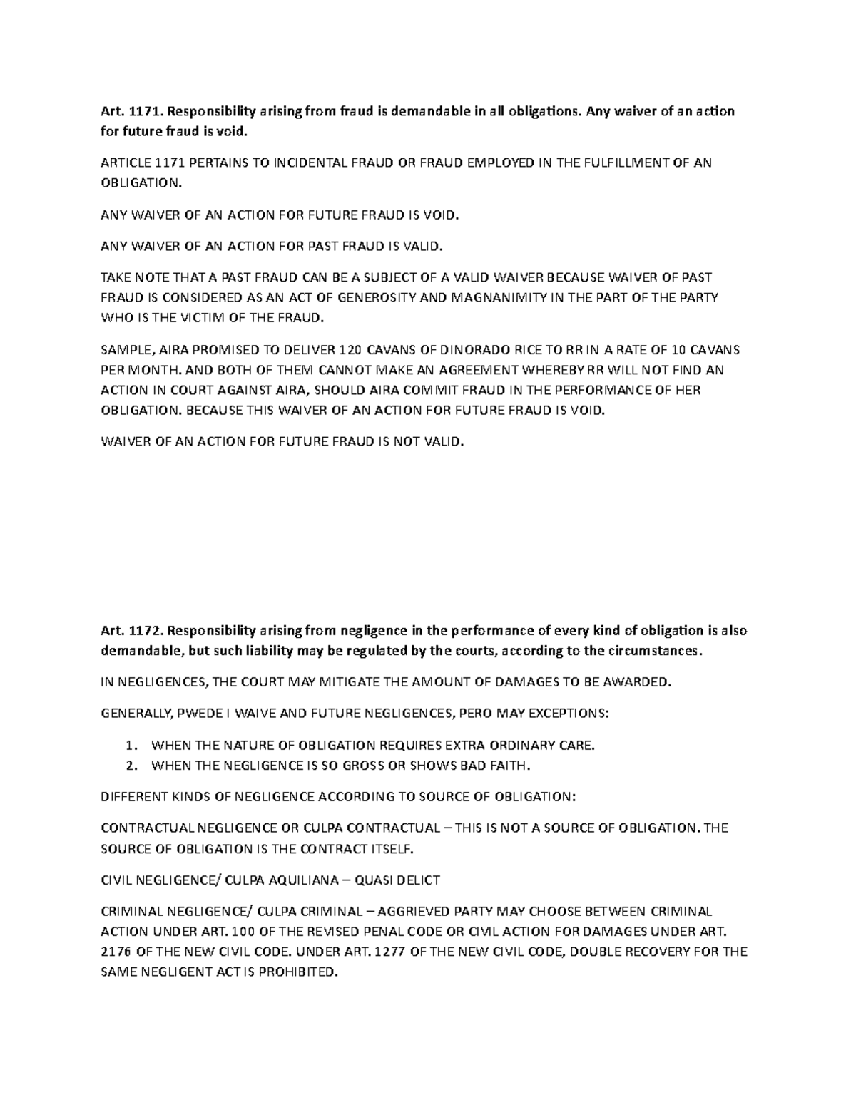 OBLICON NOTES: Articles 1171 - 1174 on Fraud and Negligence - Studocu