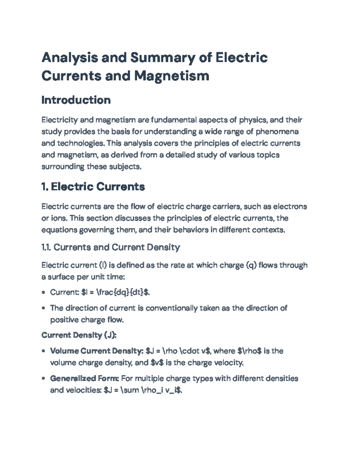 Analysis of Electric Currents and Magnetism Principles - Analysis and ...