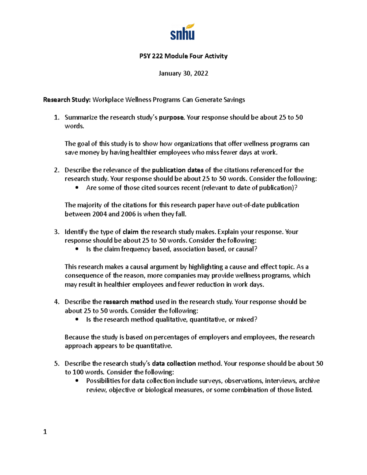 PSY222 Module Four Activity: Workplace Wellness Program Analysis - Studocu