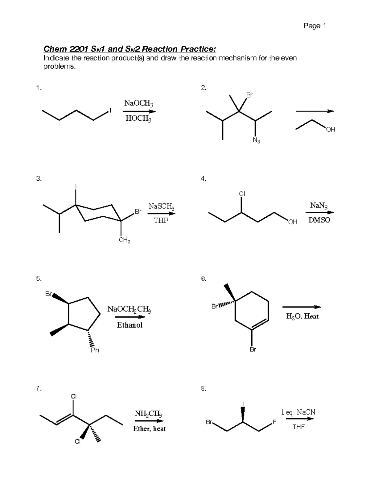 Chem 2201 SN1 & SN2 Reactions Practice Problems and Mechanisms - Studocu