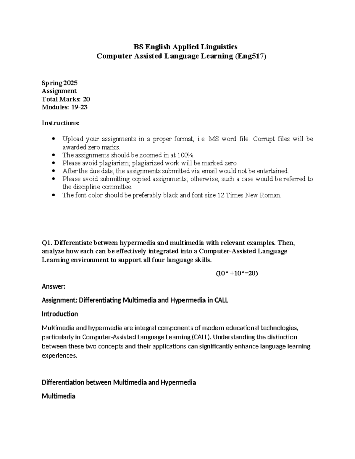 Eng517 Assignment: Multimedia vs. Hypermedia in CALL (Spring 2025 ...