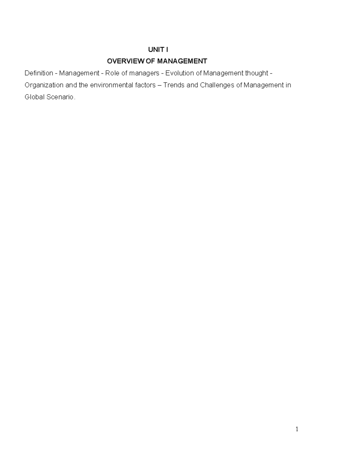 UNIT I: OVERVIEW OF MANAGEMENT - Concepts, Roles, and Evolution - Studocu
