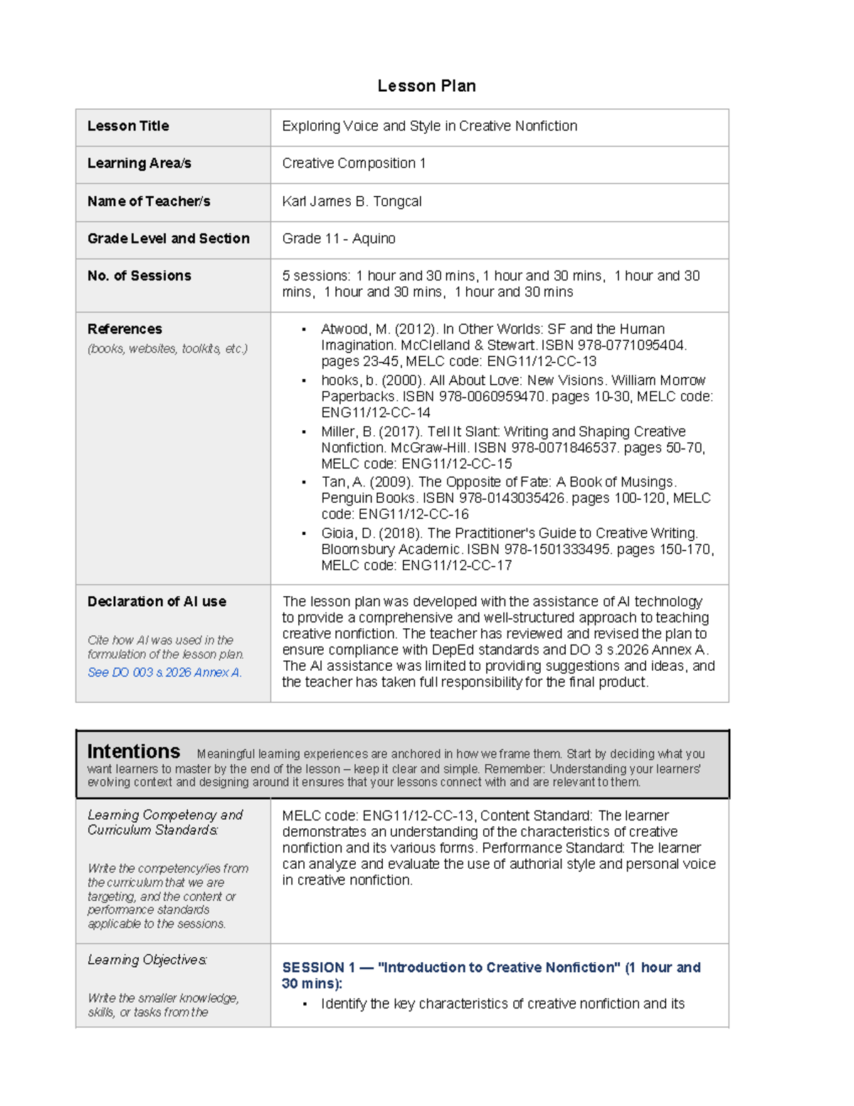 Lesson Plan: Exploring Voice & Style in Creative Nonfiction (Creative ...
