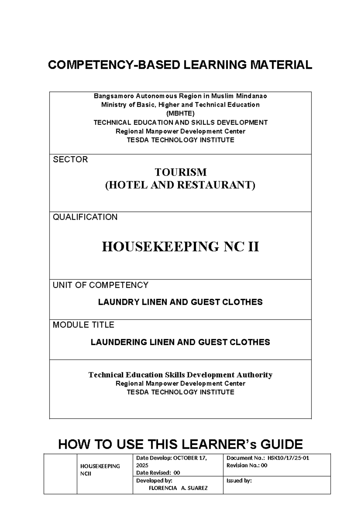 RMDC HSK NCII CORE4-LO1: Laundry Linen & Guest Clothes Module - Studocu