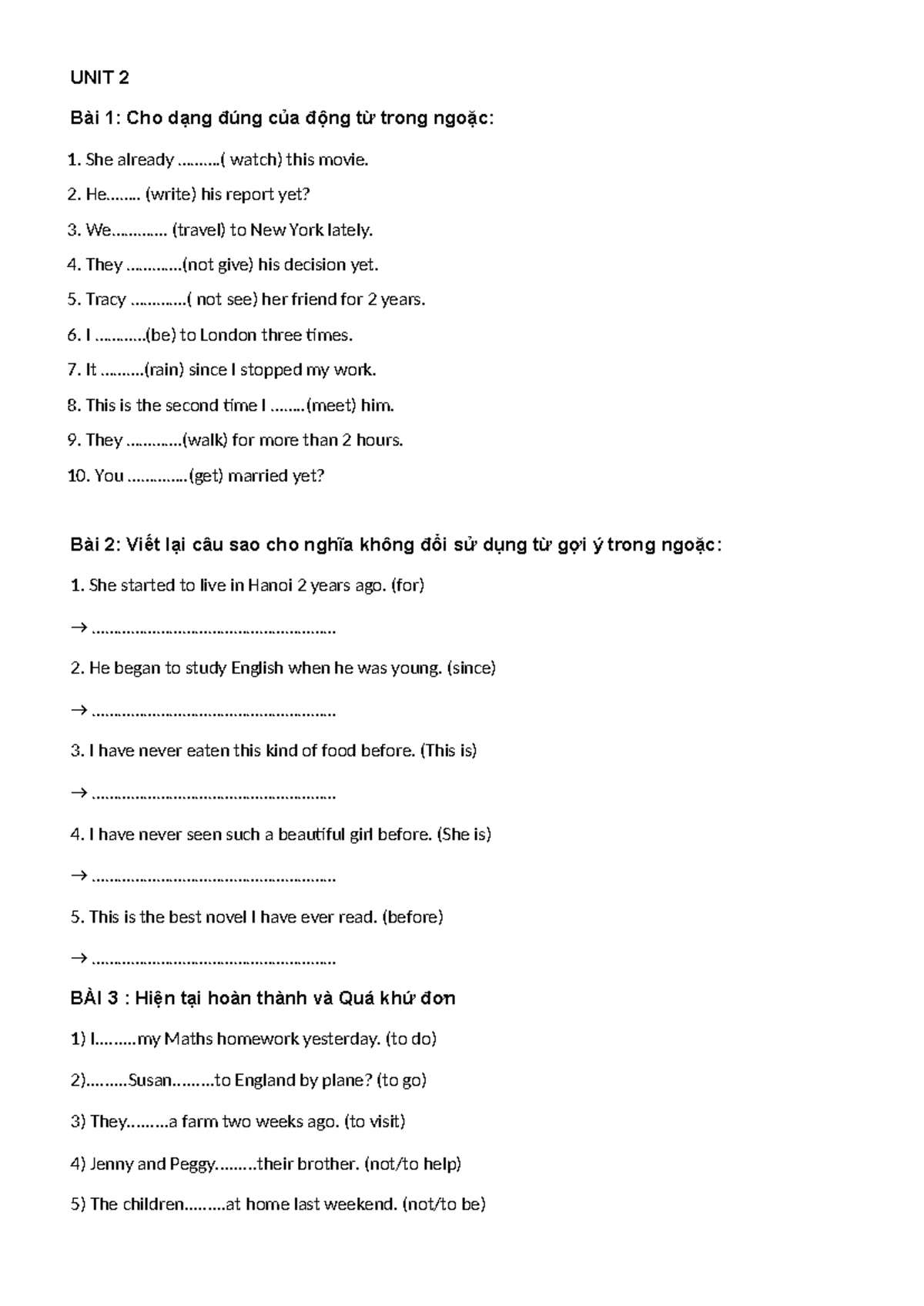 UNIT 2 - Exercises on Verb Forms and Sentence Transformation - Studocu