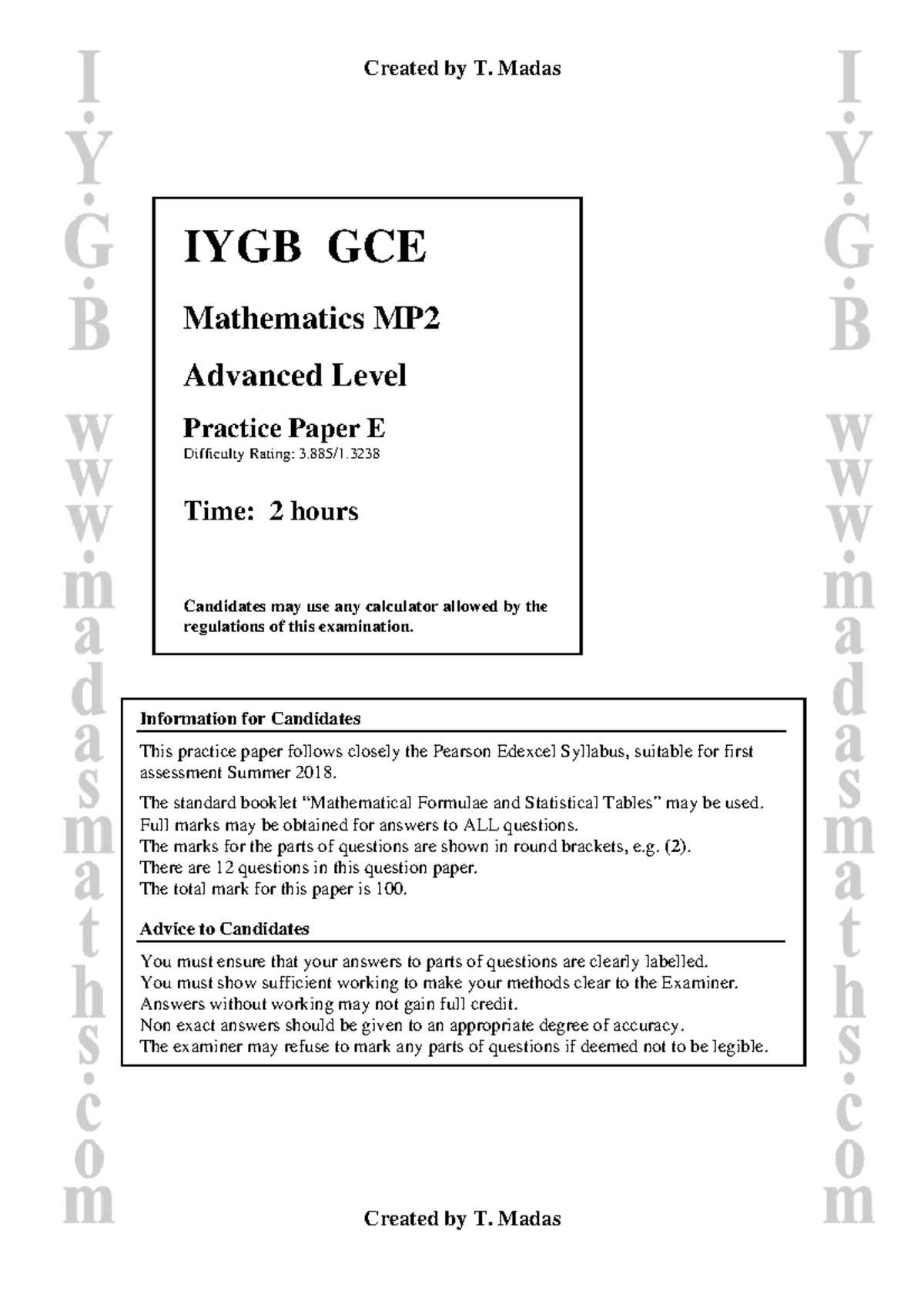 IYGB GCE Mathematics MP2 Advanced Level Practice Paper E - Studocu