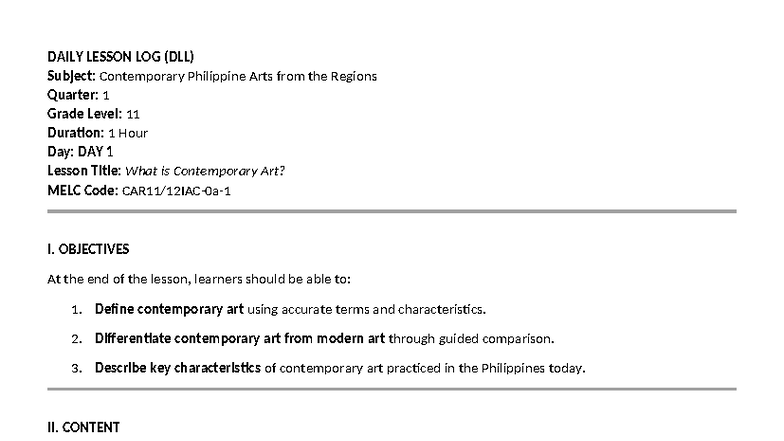 CPAR Lesson PLAN - DAY1 - DAILY LESSON LOG (DLL) Subject: Contemporary ...