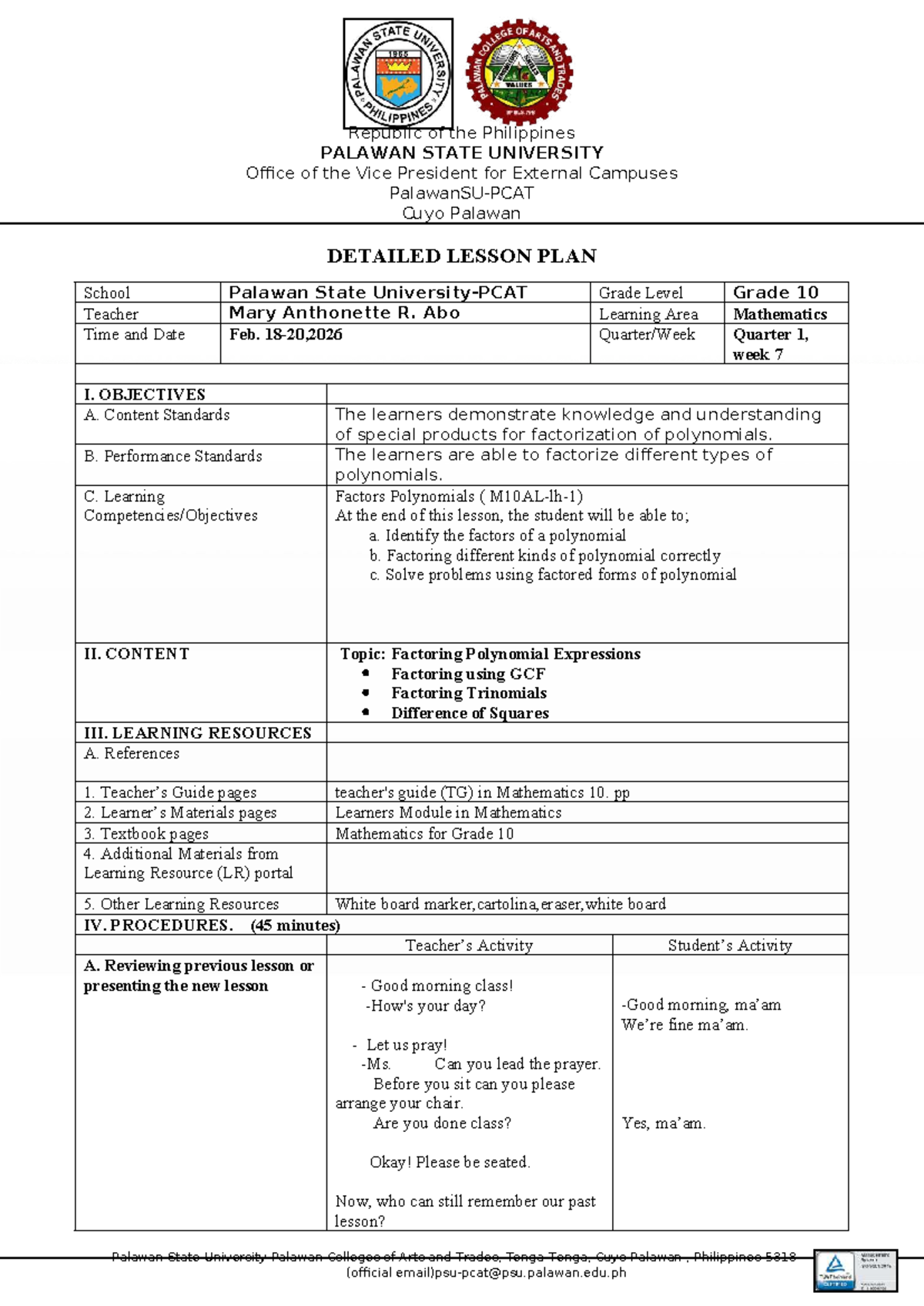 Detailed Lesson Plan: Factoring Polynomials for Grade 10 Math (MATH 10 ...