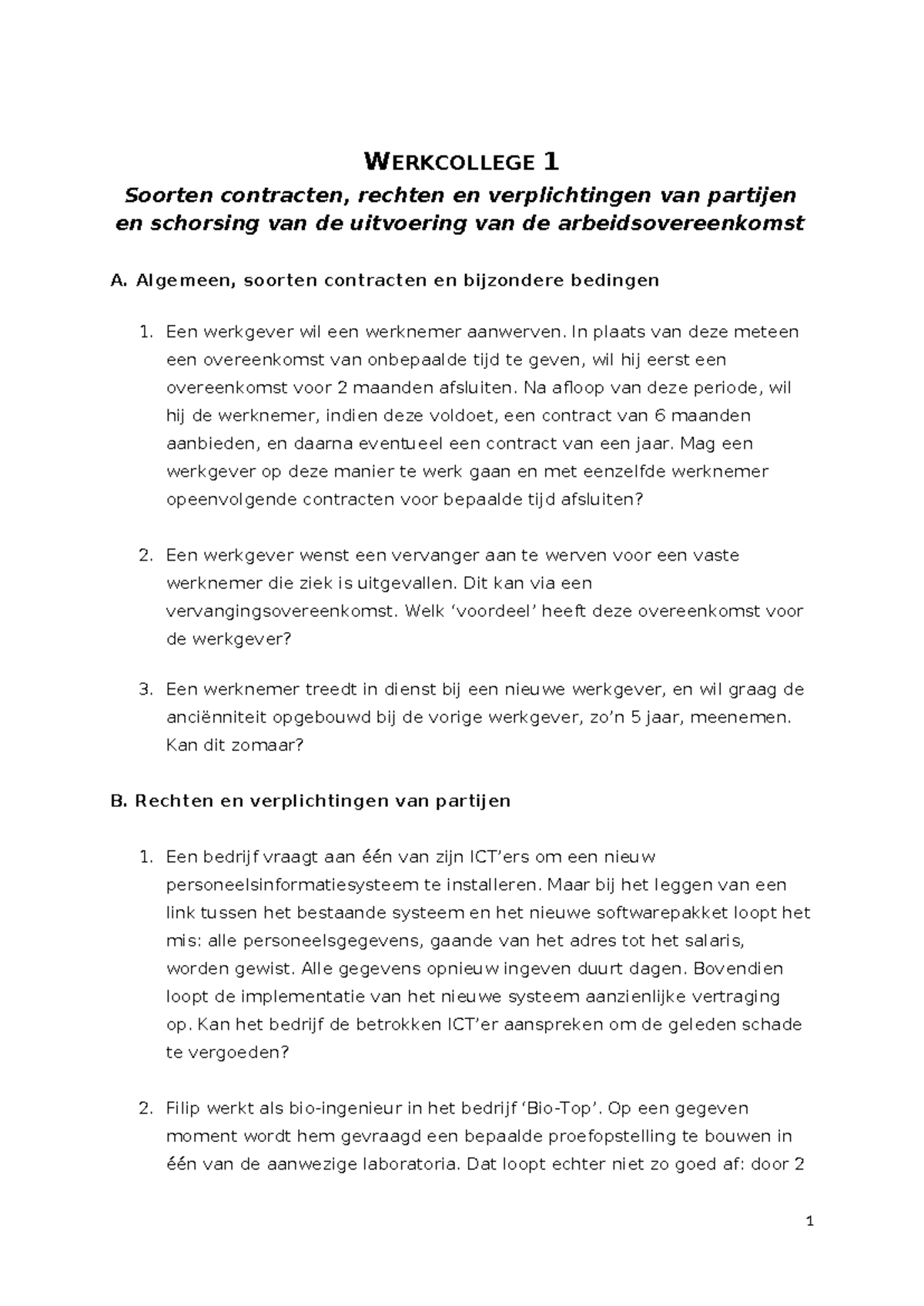 WERKCOLLEGE 1: Soorten Contracten, Rechten & Verplichtingen en ...