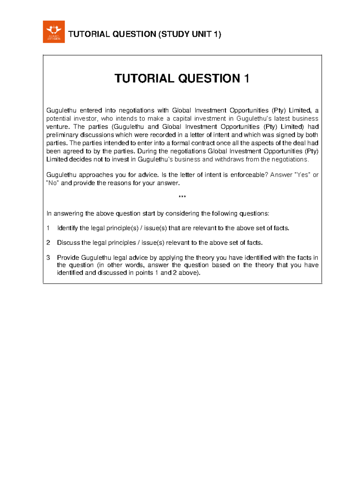 Unit 1 - Tutorial Question 1: Enforceability of Letter of Intent - Studocu
