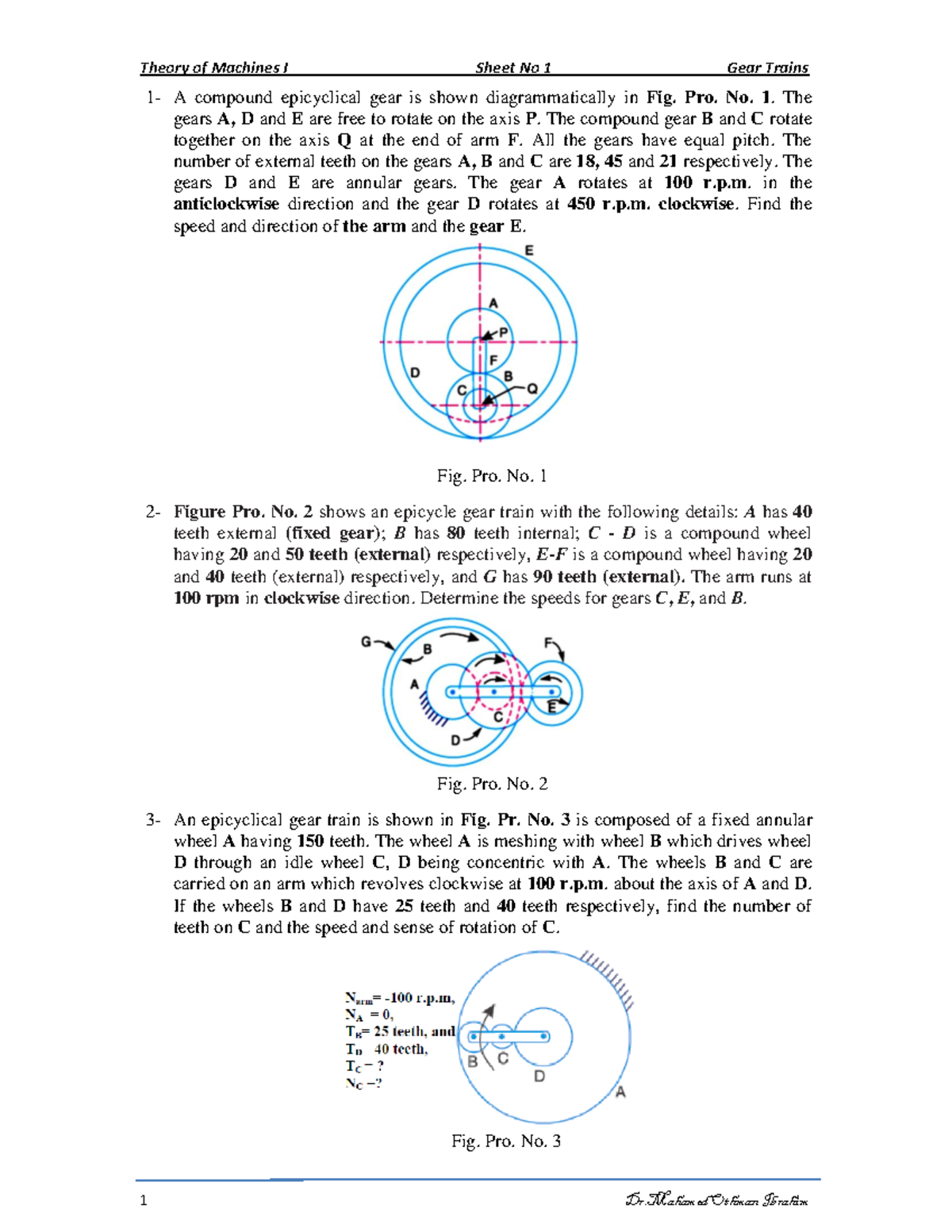 Sheet No 1 - notes - Theory of Machines I Sheet No 1 Gear Trains 1 Dr ...