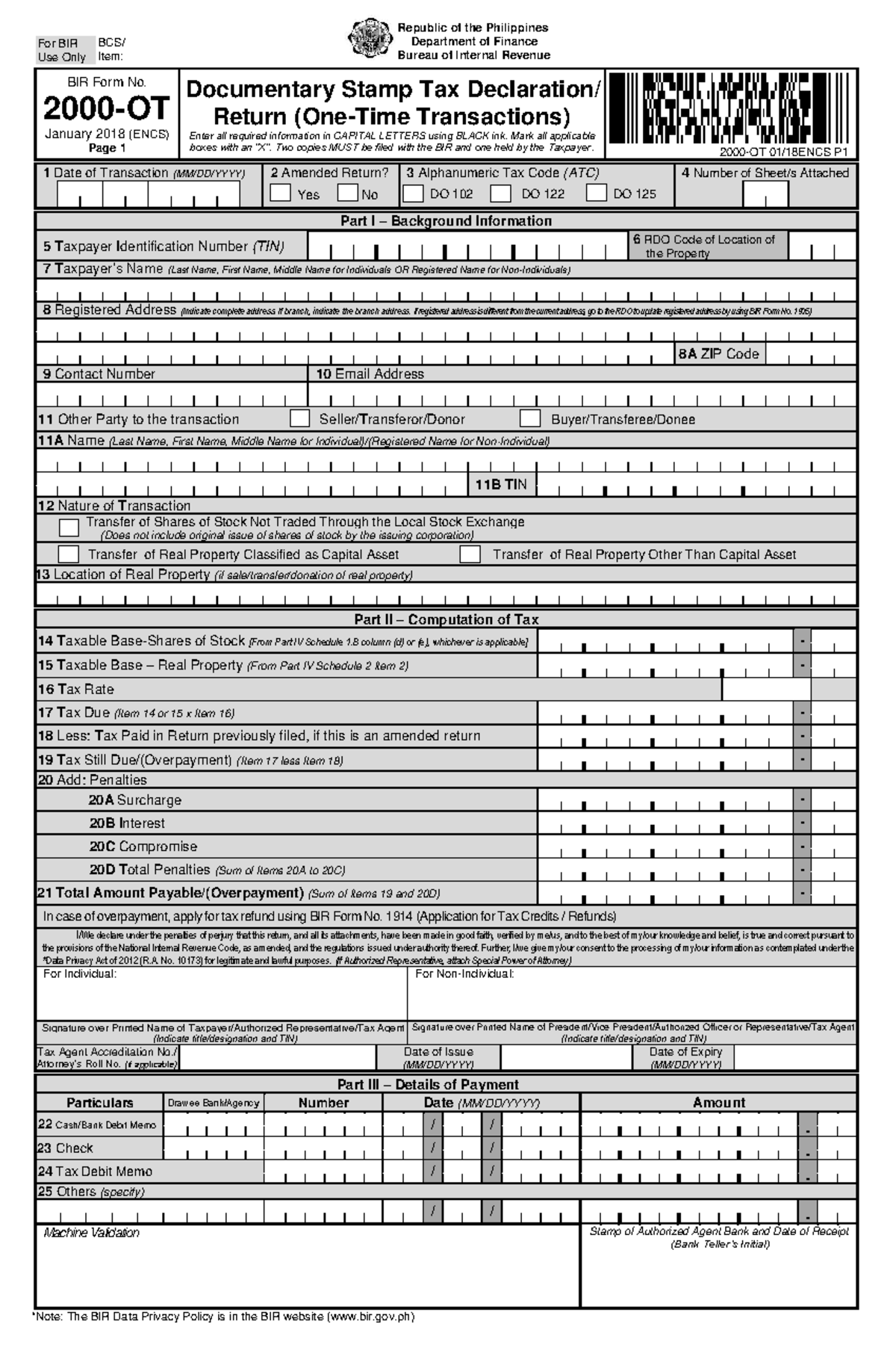 BIR Form No. Documentary Stamp Tax Return Transactions - Jan 2018 - Studocu