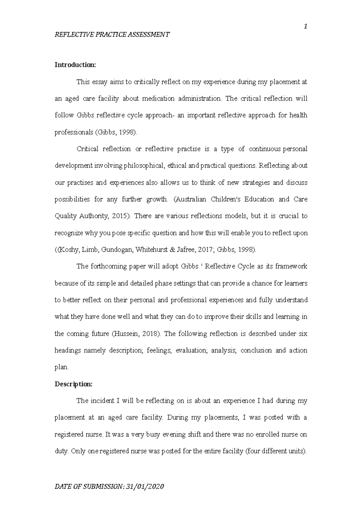 Medication administration - The critical reflection will follow Gibbs ...