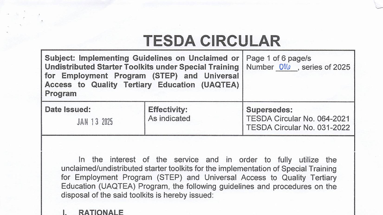 TESDA Circular No. 016-2025: Guidelines on Unclaimed Starter Toolkits ...