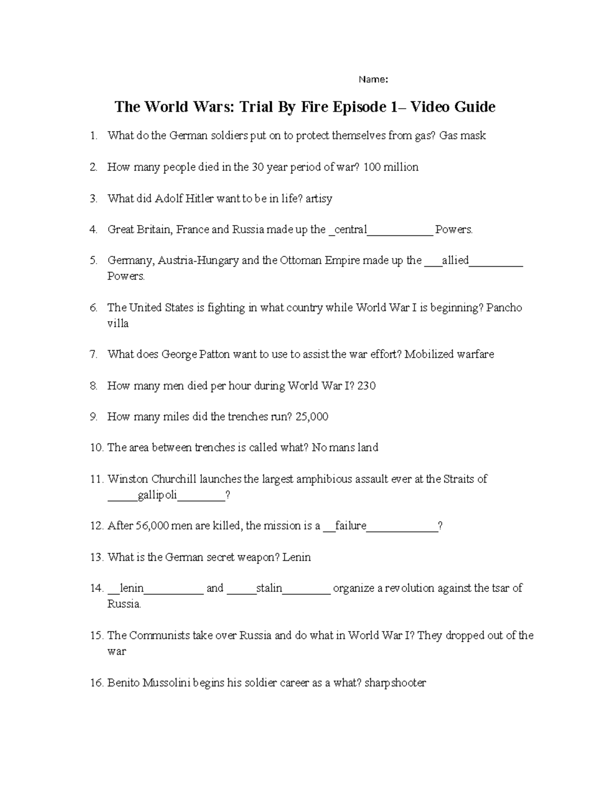 The World Wars Trial - Episode 1 Video Guide Answers - Studocu