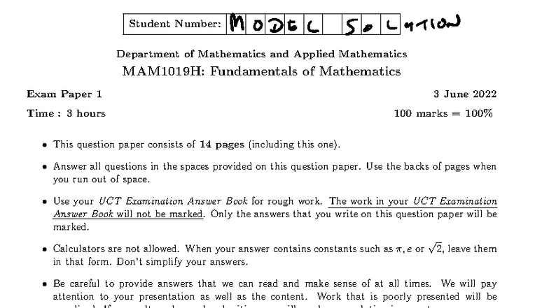 MAM1019H - Fundamentals of Mathematics Exam Paper 1 (2022) - Studocu