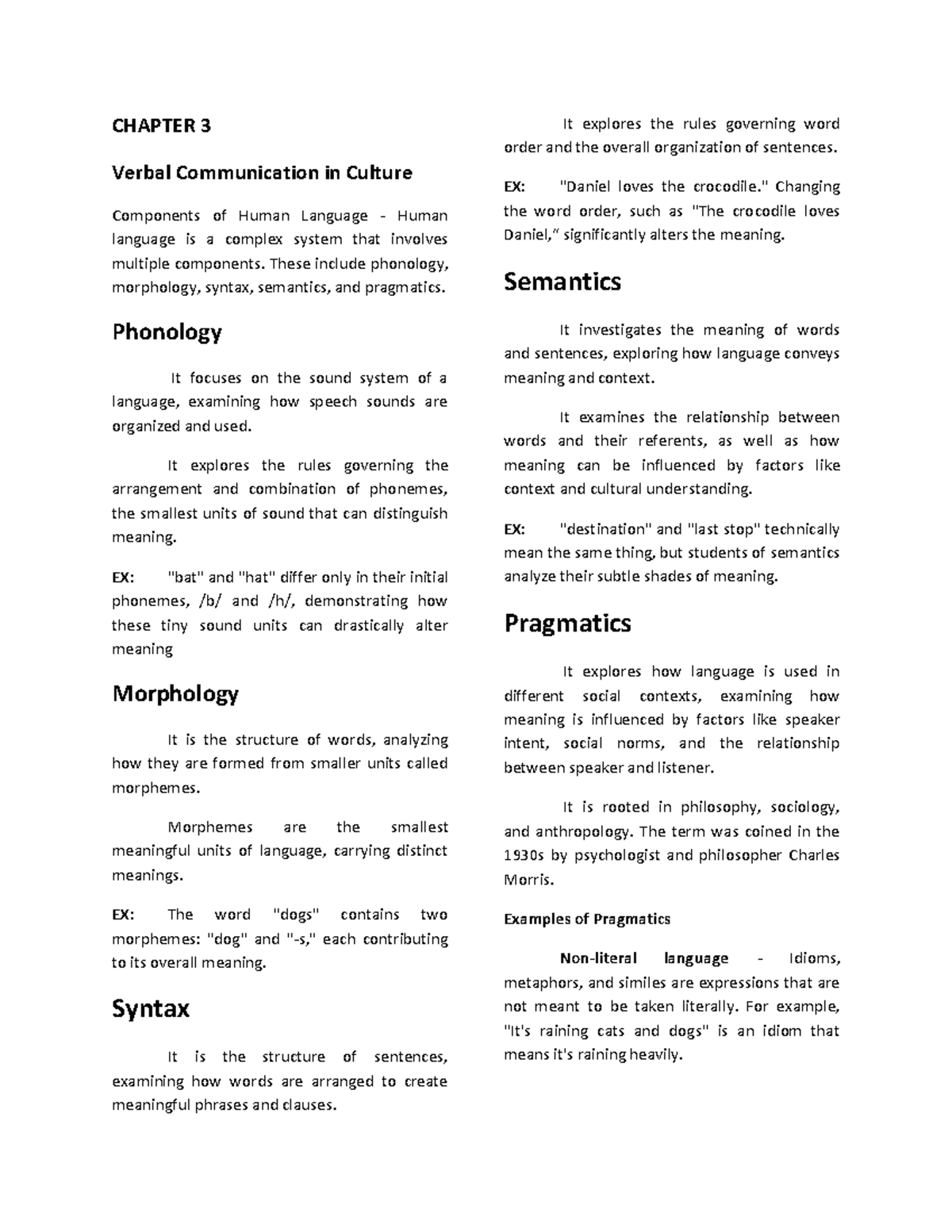UTWC Reviewer - CHAPTER 3 Verbal Communication in Culture Components of Human Language - Human ...
