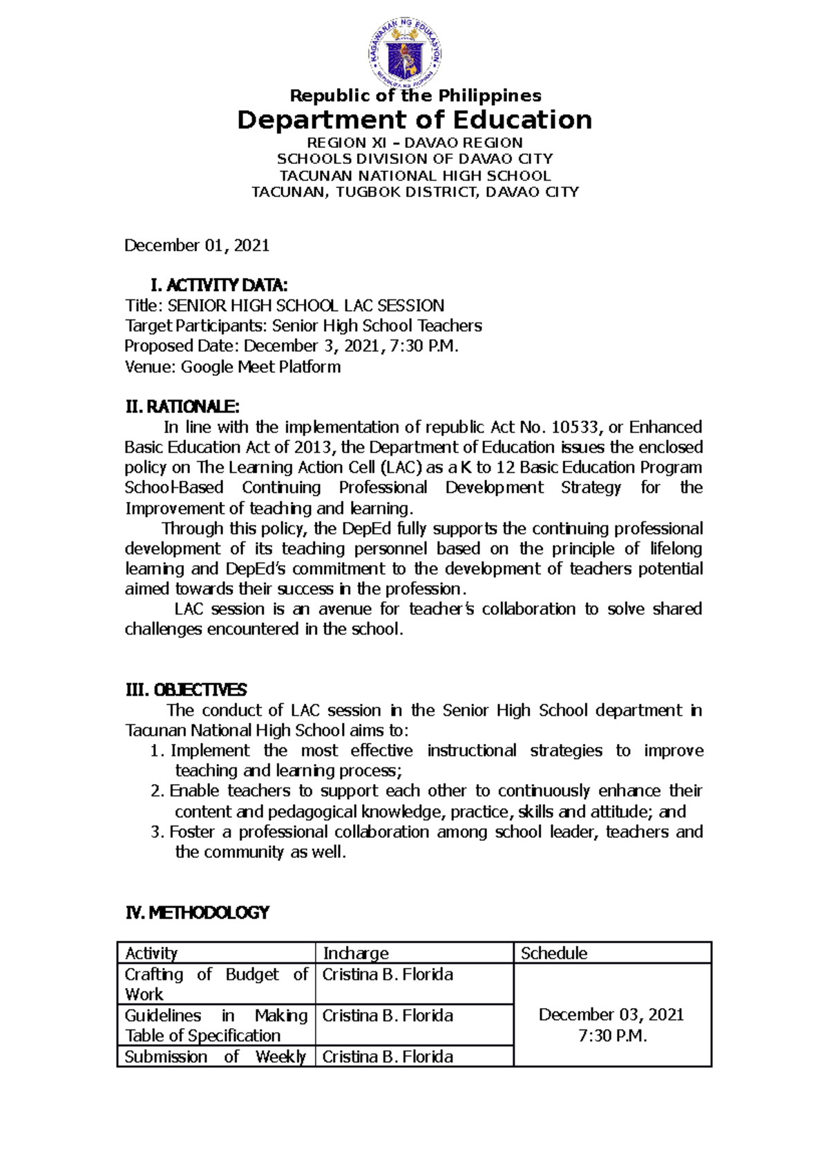 Proposal for Senior High School LAC Session – SHS 2021 - Studocu