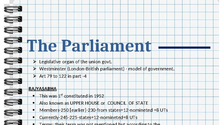 The Parliament: Legislative Framework of the Union Govt. (RAJYASABHA ...