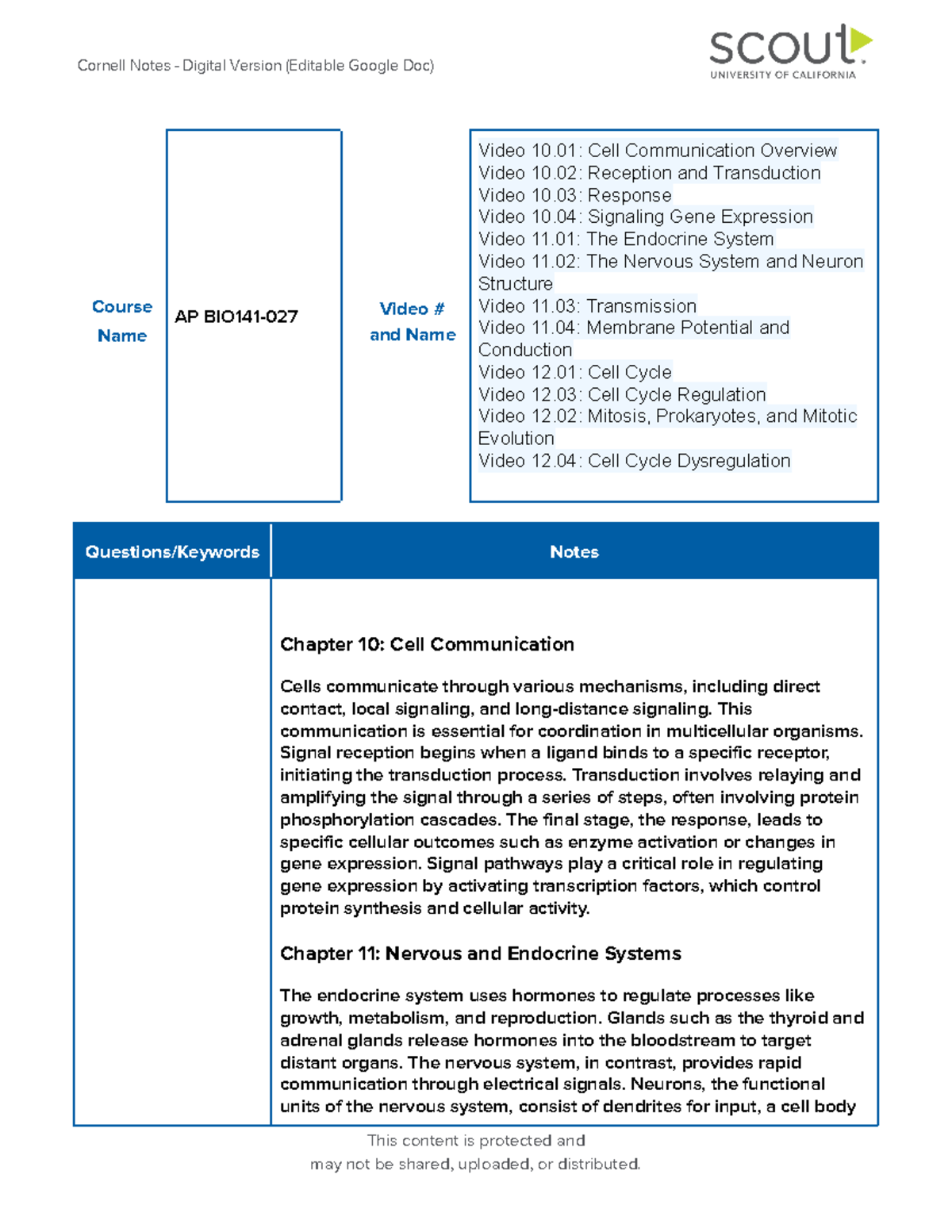 Copy of AP BIO141 Video Lesson Cornell Notes Template - Studocu