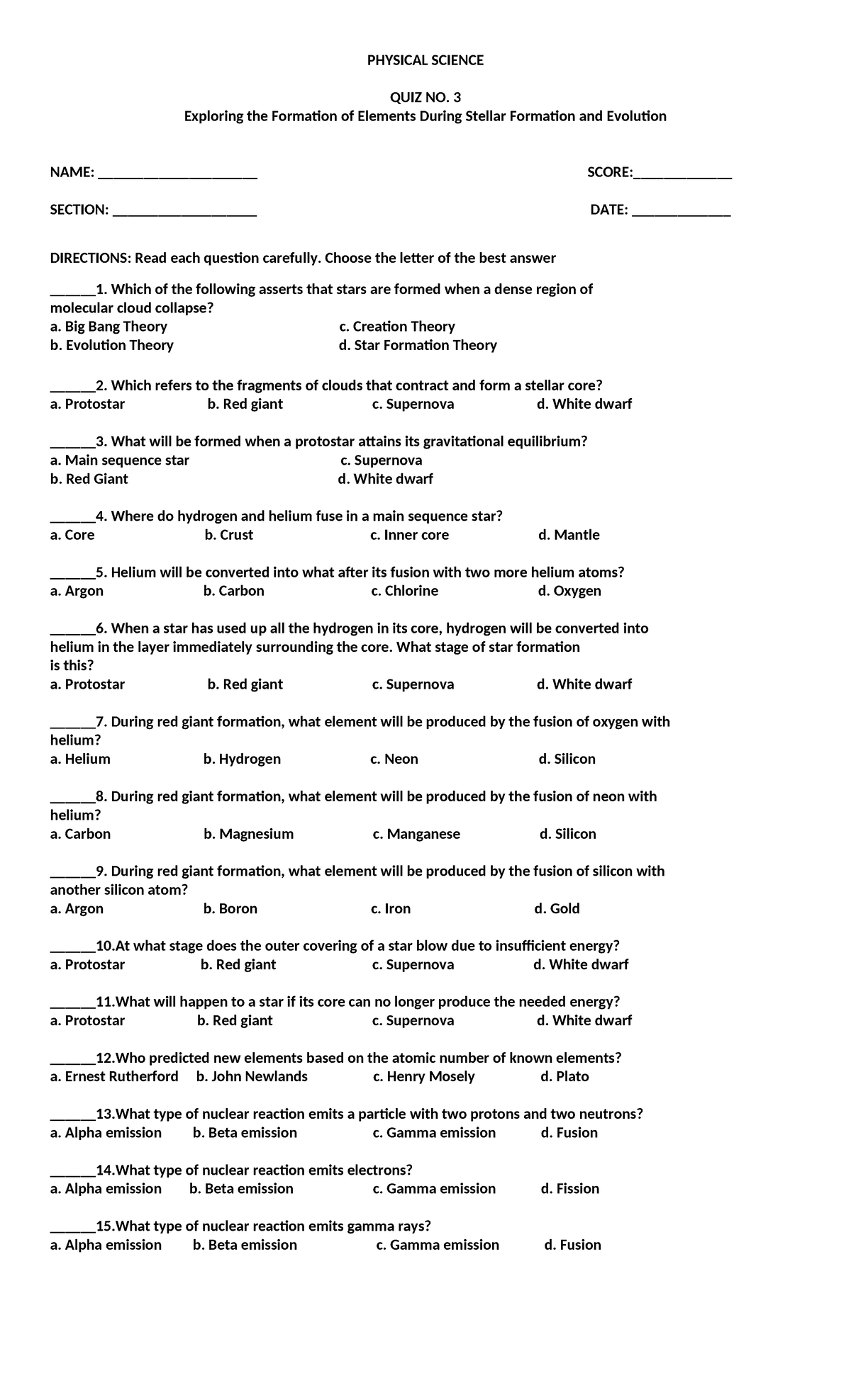 PHYSICAL SCIENCE QUIZ NO. 3: Stellar Formation & Element Evolution ...