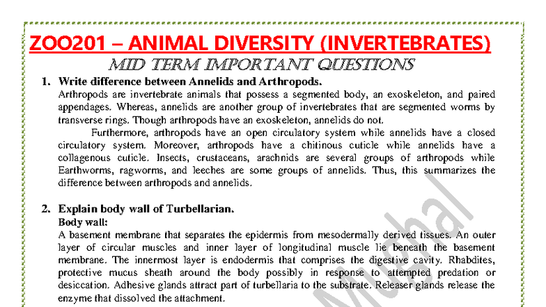 ZOO201 ANIMAL DIVERSITY (INVERTEBRATES) MIDTERM KEY QUESTIONS - Studocu