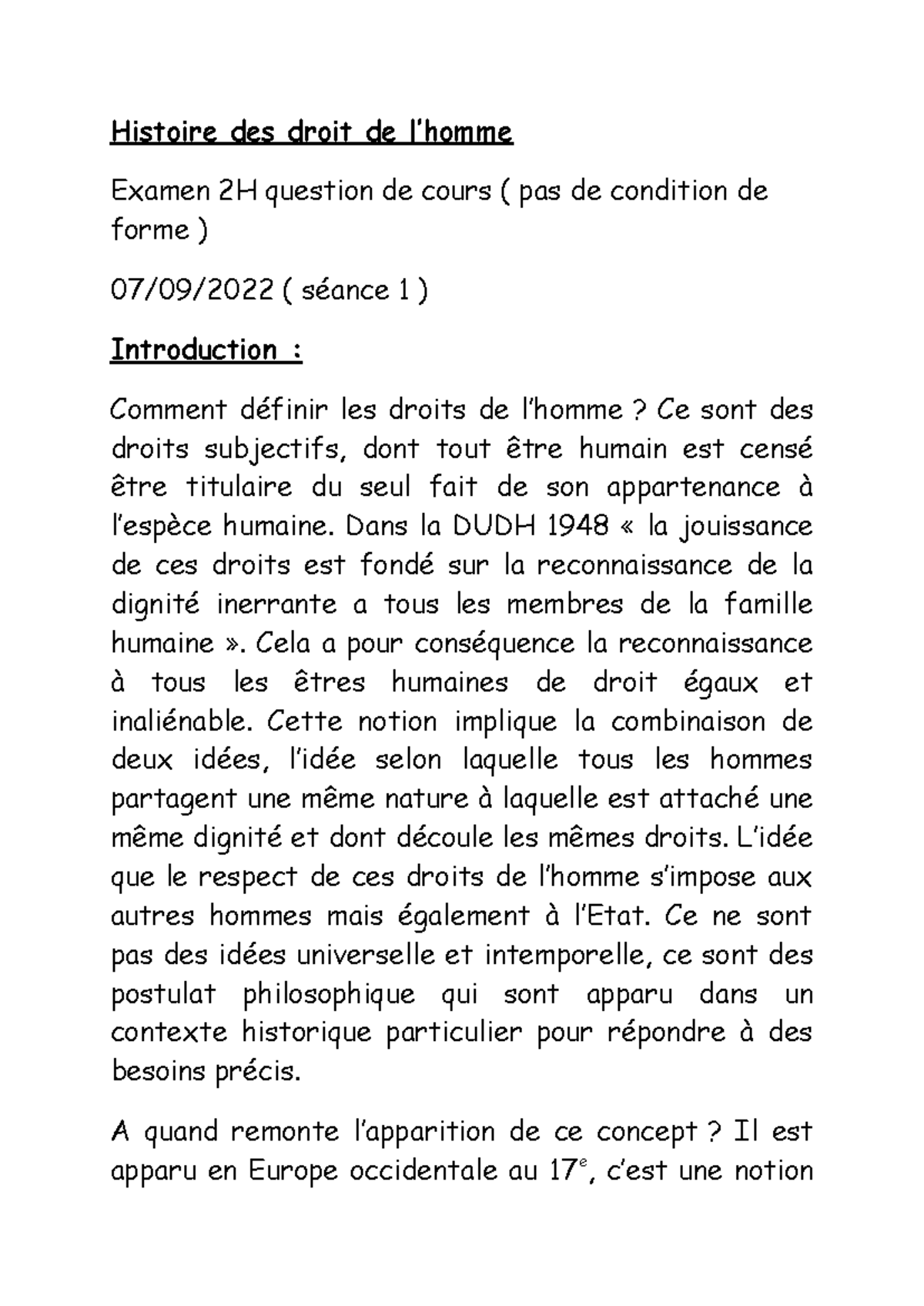 HDH. B - Notes de Cours sur l'Histoire des Droits de l'Homme - Studocu