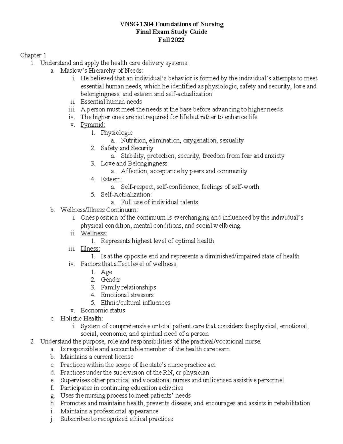 Foundations Final Exam Review - VNSG 1304 Foundations of Nursing Final ...