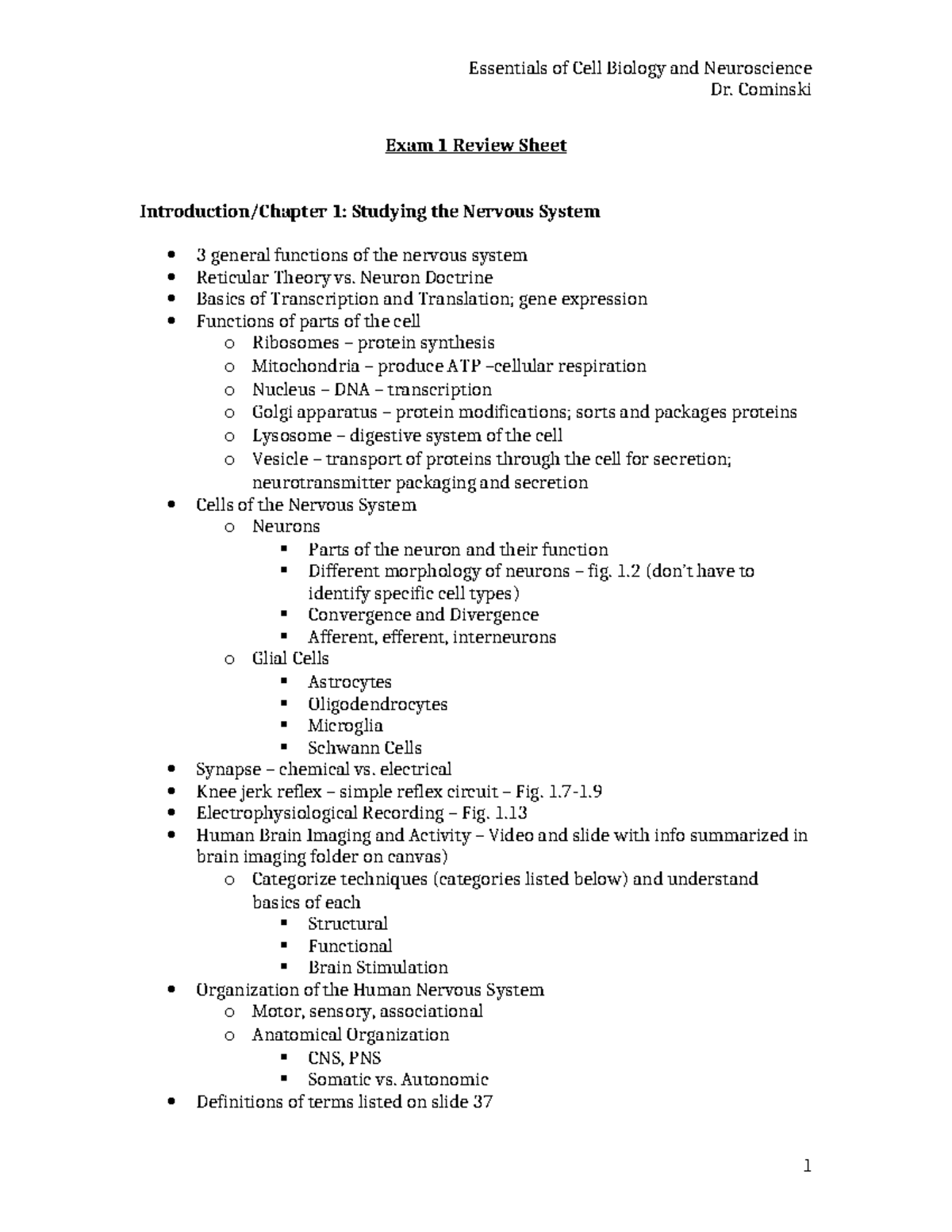 Essentials of Cell Biology & Neuroscience: Exam 1 Review Sheet - Studocu