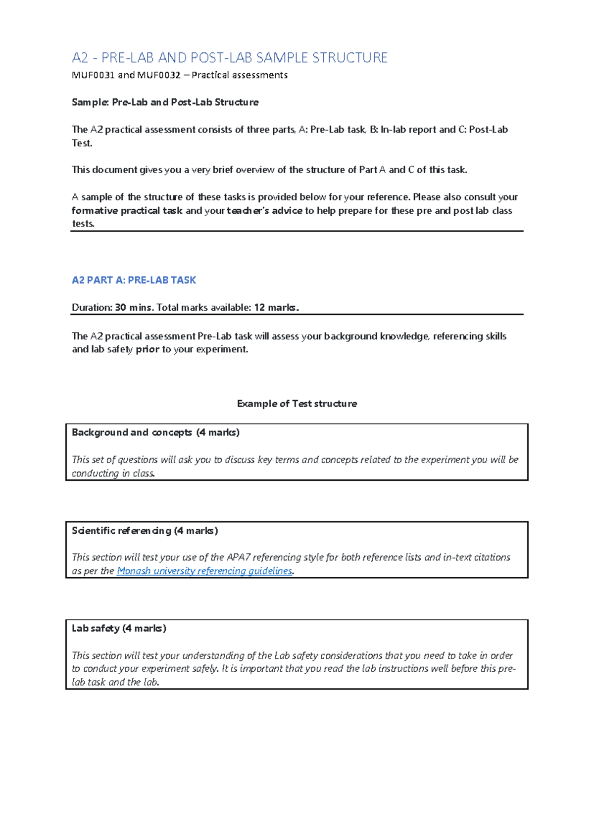 A2 Practical Assessment Structure for MUF0031 & MUF0032: Pre & Post Lab ...