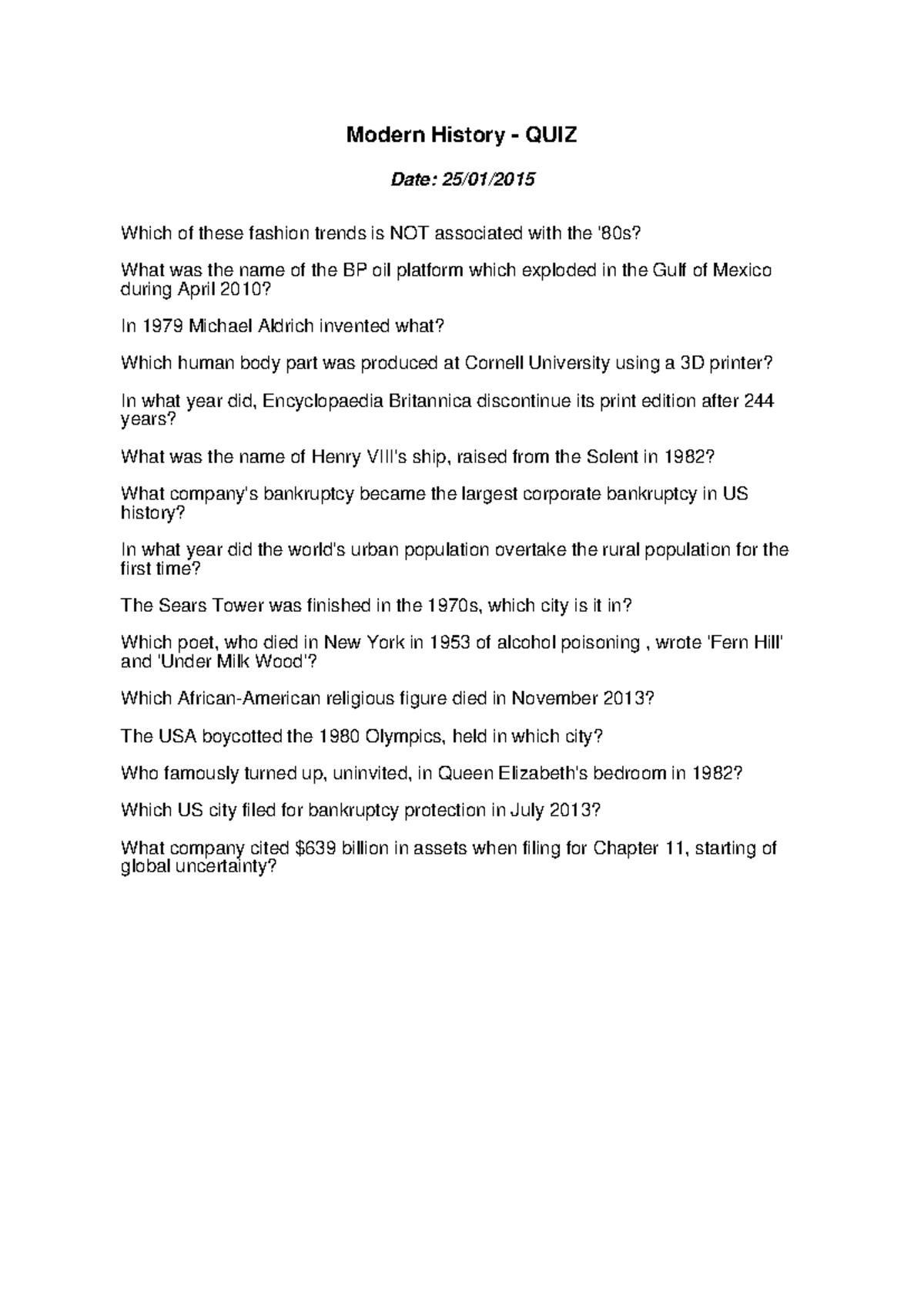 Modern History QUIZ 26 - Key Events and Trends - Studocu