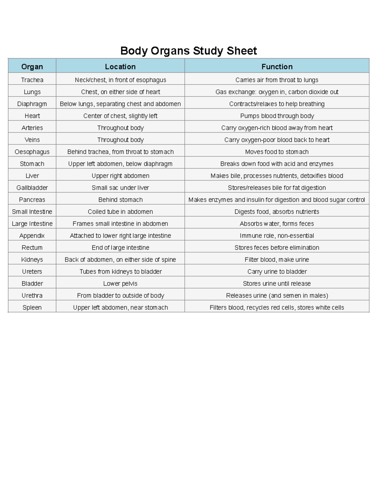 Body Organs Study Sheet: Location & Function Overview - Studocu
