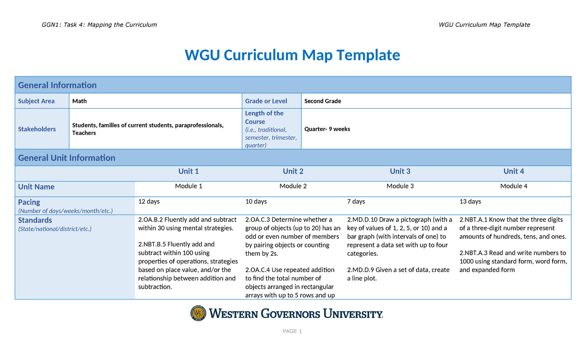 GGN1 Task 4 - Second Grade Math Curriculum Map Overview - Studocu
