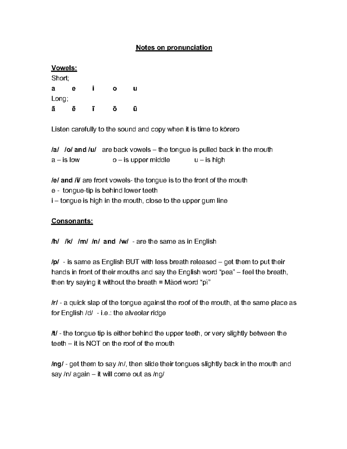 Māori Pronunciation Notes: Vowels, Consonants, and Diphthongs - Studocu