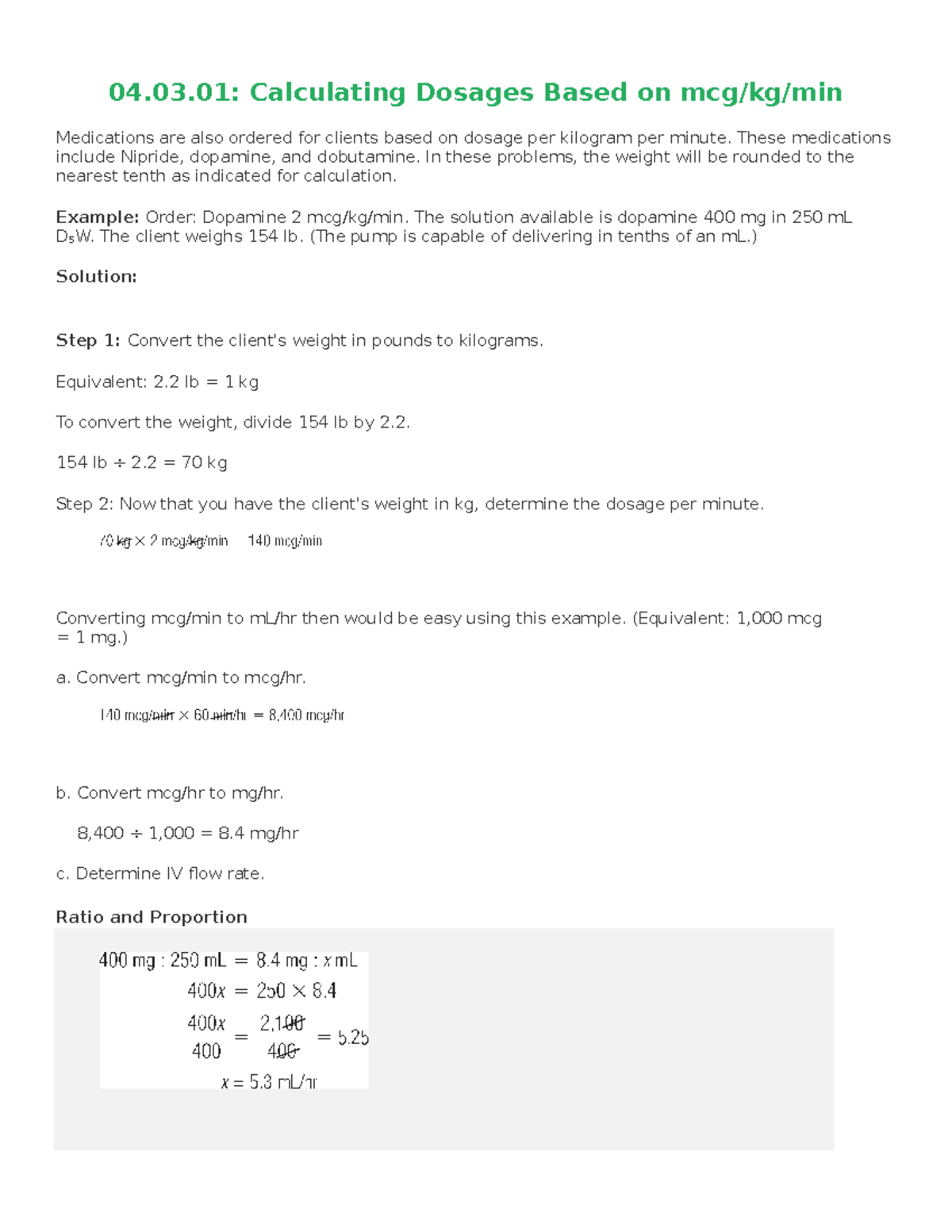 Calculating Dosages Based on mcg:kg:min - 04.03: Calculating Dosages Based on mcg/kg/min ...