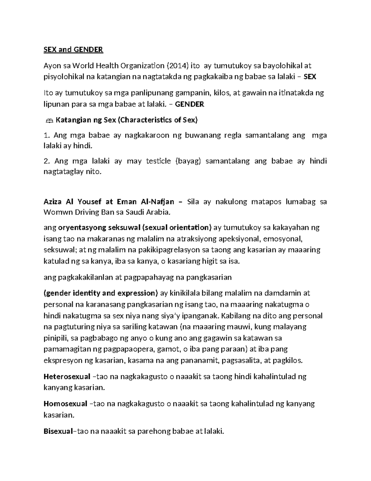 AP Reviewer - Pag-unawa sa Sex at Gender para sa Grade 10 - Studocu