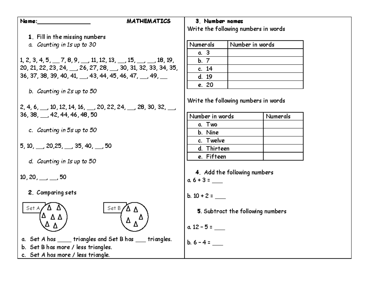 MATHEMATICS 1: Counting and Number Operations Revision - Studocu