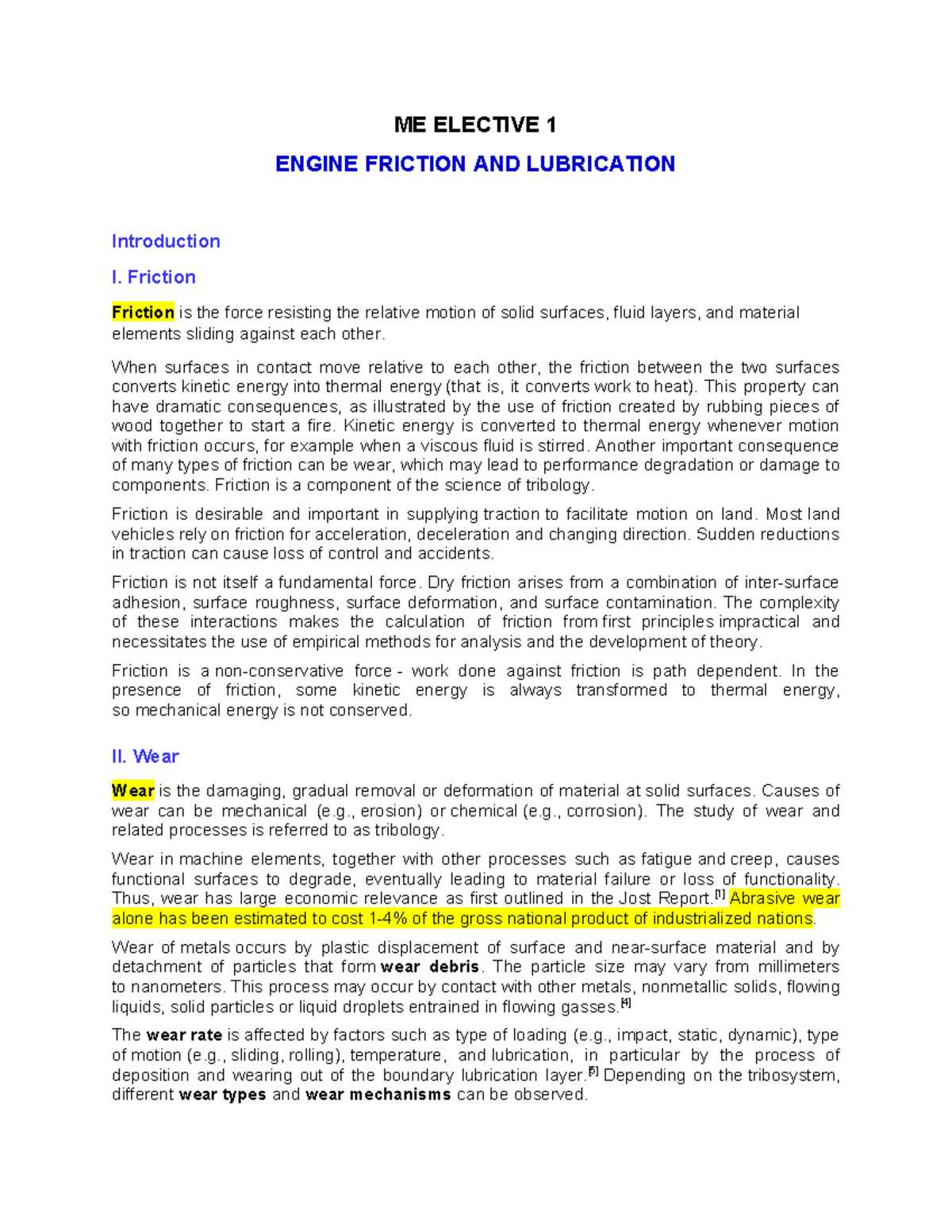 ME ELECTIVE 1: Intro to Friction and Wear in Tribology - Studocu